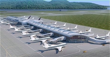 The interior (above) and exterior (below) of the Midfield Concourse.
